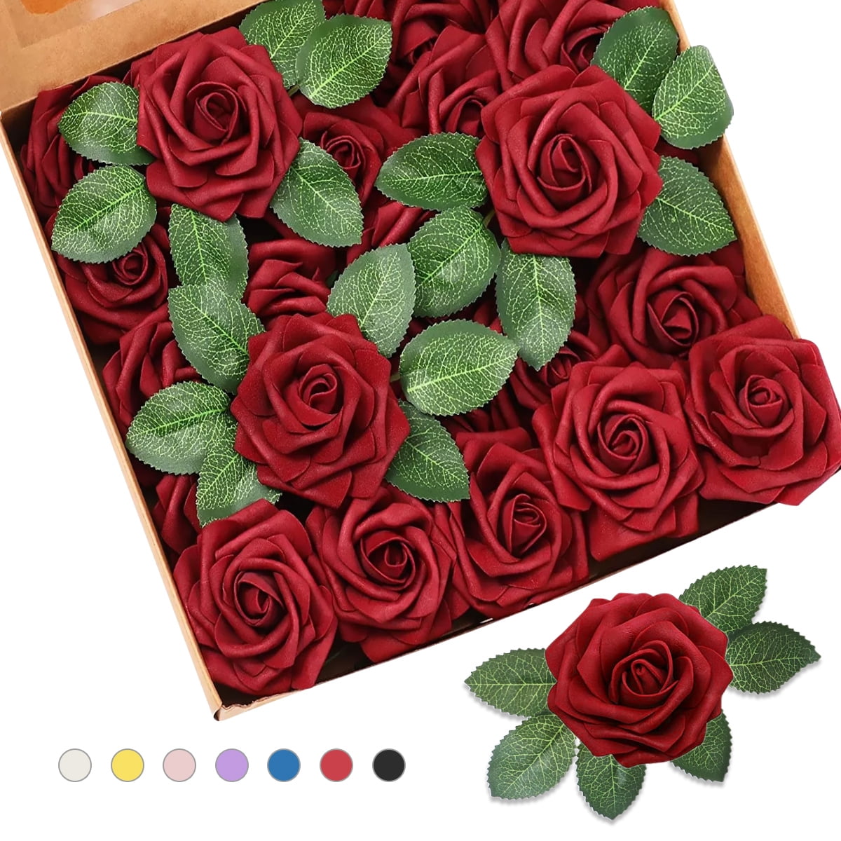 Qishi 7.9” Artificial PE Foam Dark Wine Red Roses Wedding Bouquet (25 ...