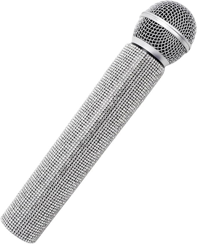 Fake Microphone Prop Plastic Play Microphone Glitter Silver Rhinestone ...