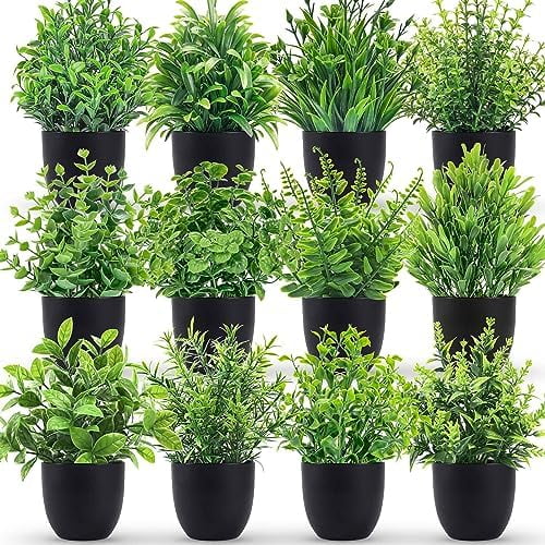 Fake Plants 12 Pack Artificial Plants Small Faux Plants in Black Pot ...