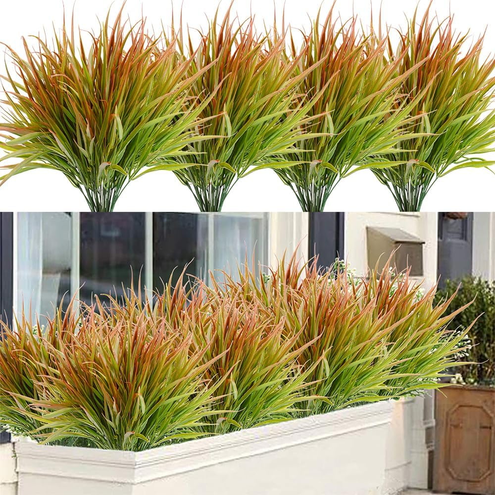 Fake Plants Outdoor Artificial Grass Plastic Plants UV Resistant Greenery (8 Pcs, Orange) A ...