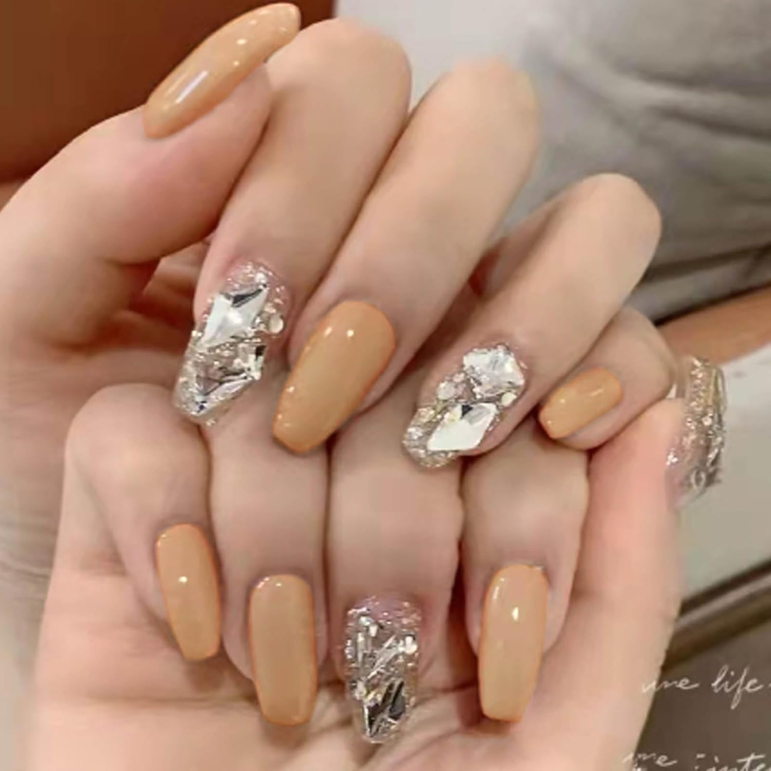 Fake Rhinestones Nails Tips Full Cover Nude False Brown Nails Bling ...