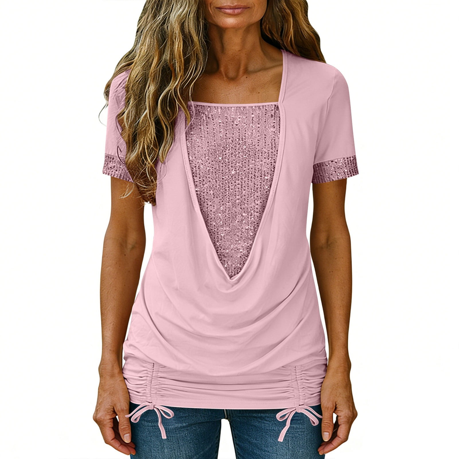 Fake Two-Piece Sequins Shirts for Women Cowl Drop Front Short Sleeve ...