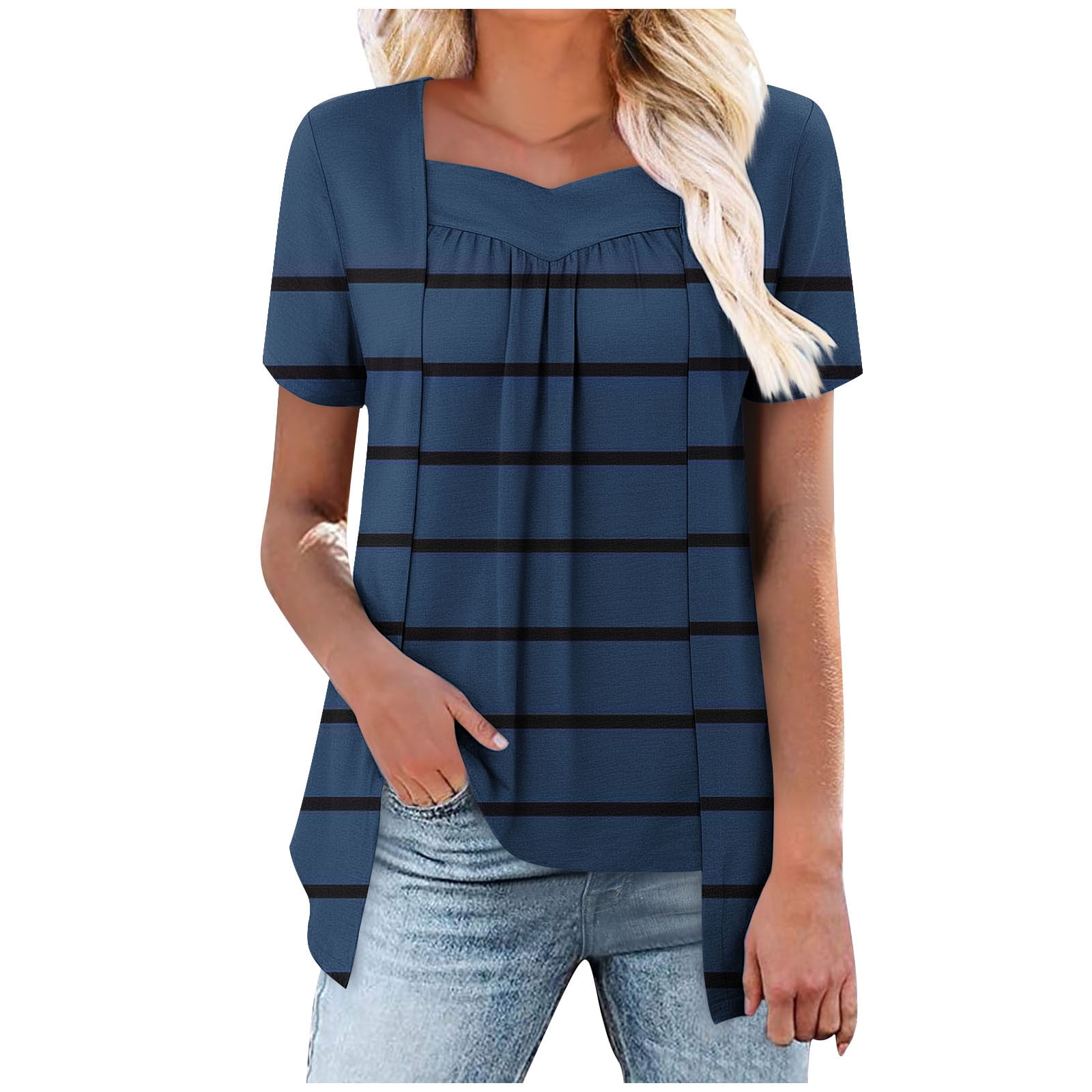 Fake-Two-Piece Tops for Women Color Block Striped Tunic Blouses Square ...