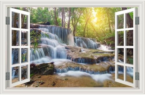 Fake Window Wall Decal Forest Jungle Waterfall River Faux Window Poster ...