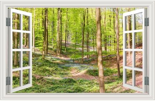 Fake Window Wall Decal - Green Forest Tree Sticker Faux Window Wall Art ...