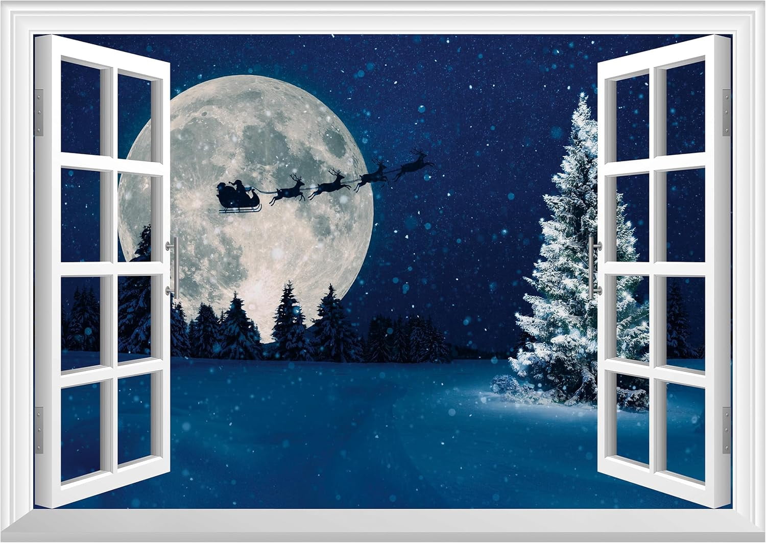Fake Window Wall Mural - Santa Claus Delivers Gifts at Night Faux ...