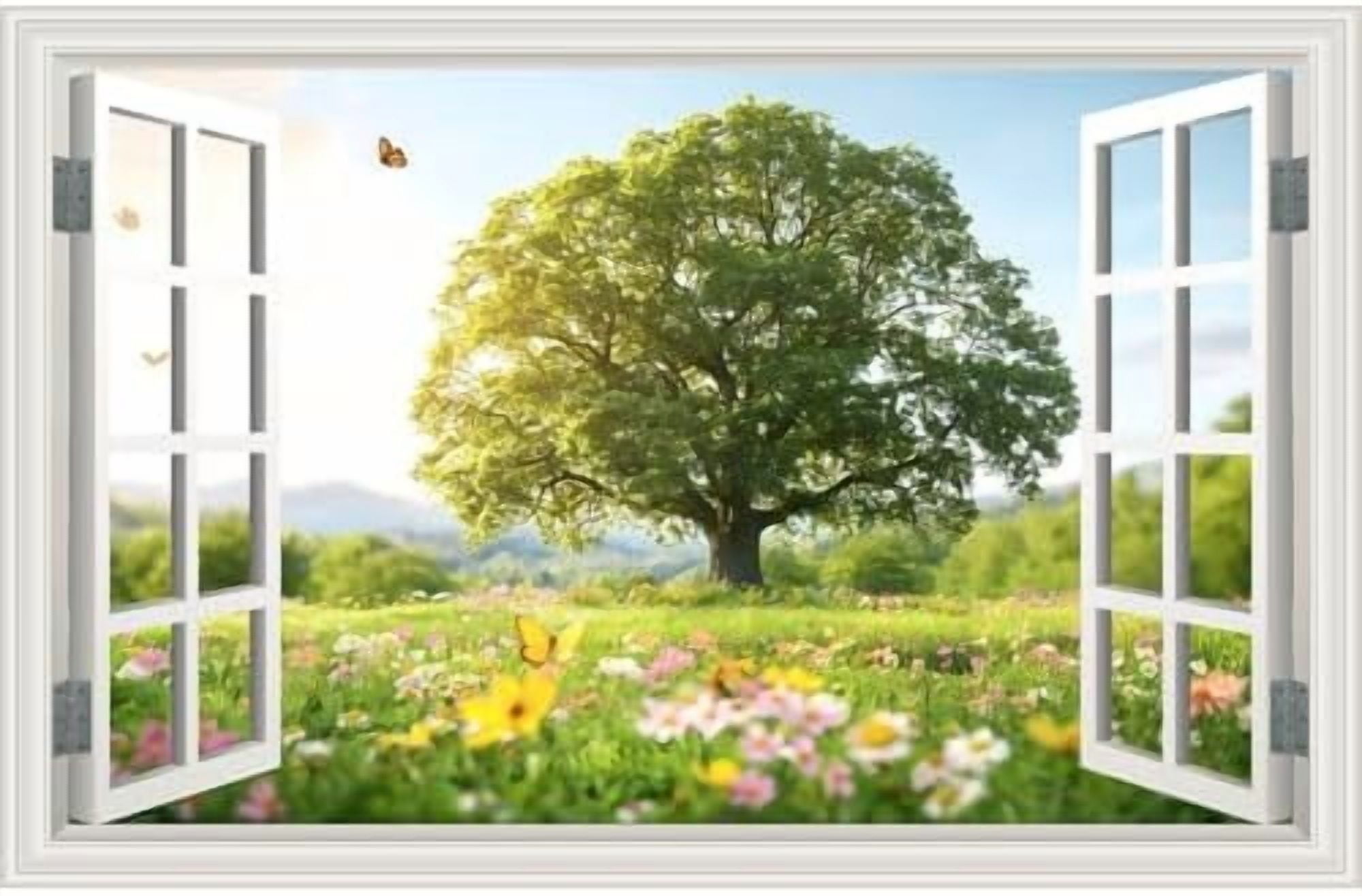 Fake Window Wall Sticker Decal Spring Green Grassland Tree Faux Window ...