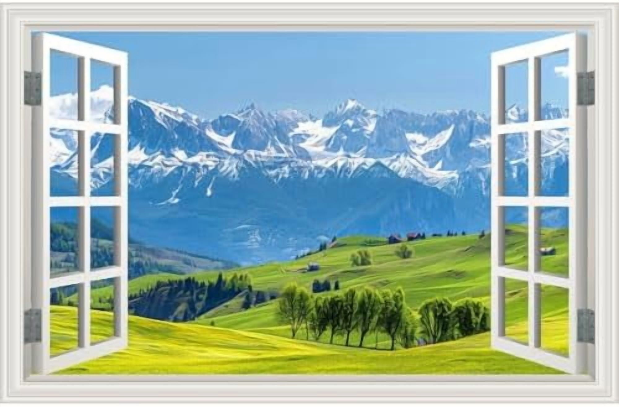 Fake Window Wall Sticker Mountain Forest Green Grassland Faux Window ...