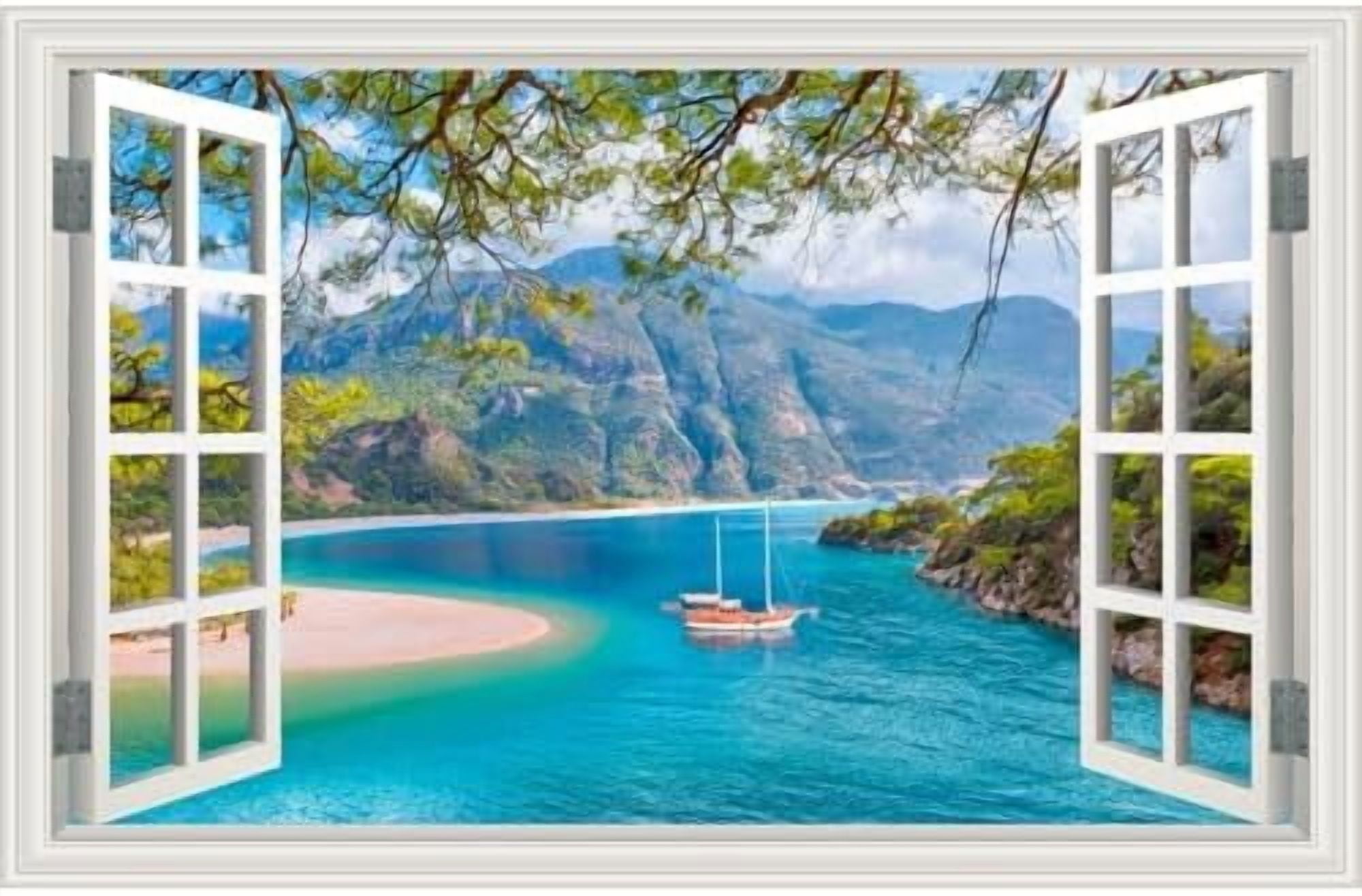 Fake Window Wall Sticker Summer Forest Mountain Trees Lake Faux Window ...