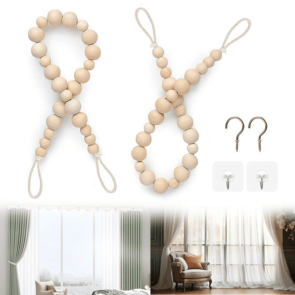 Fakrich 2 Pcs Boho Curtain Tiebacks,Wood Beads Curtain Holdbacks ...