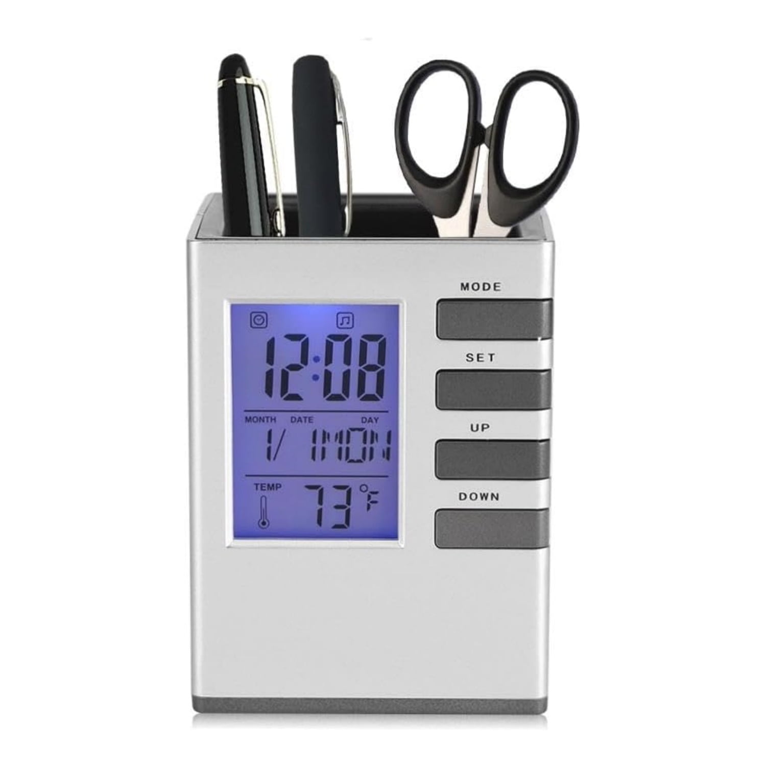 Fakrich Pen Holder for Desk, LED Desk Clock Pencil Holder Digital ...