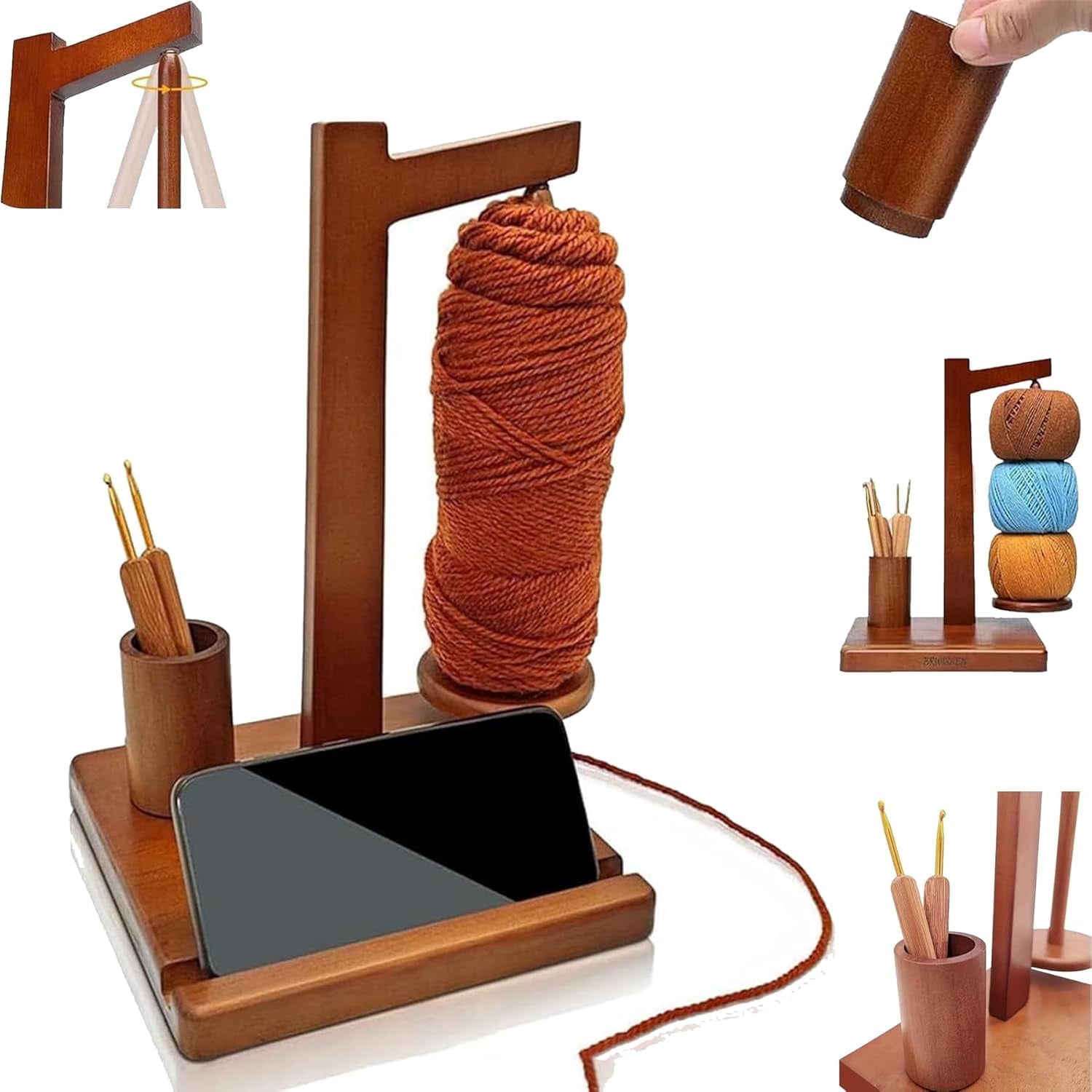 Fakrich Wooden Yarn Holder with Phone Stand, Crochet Hook Storage, 3-in ...