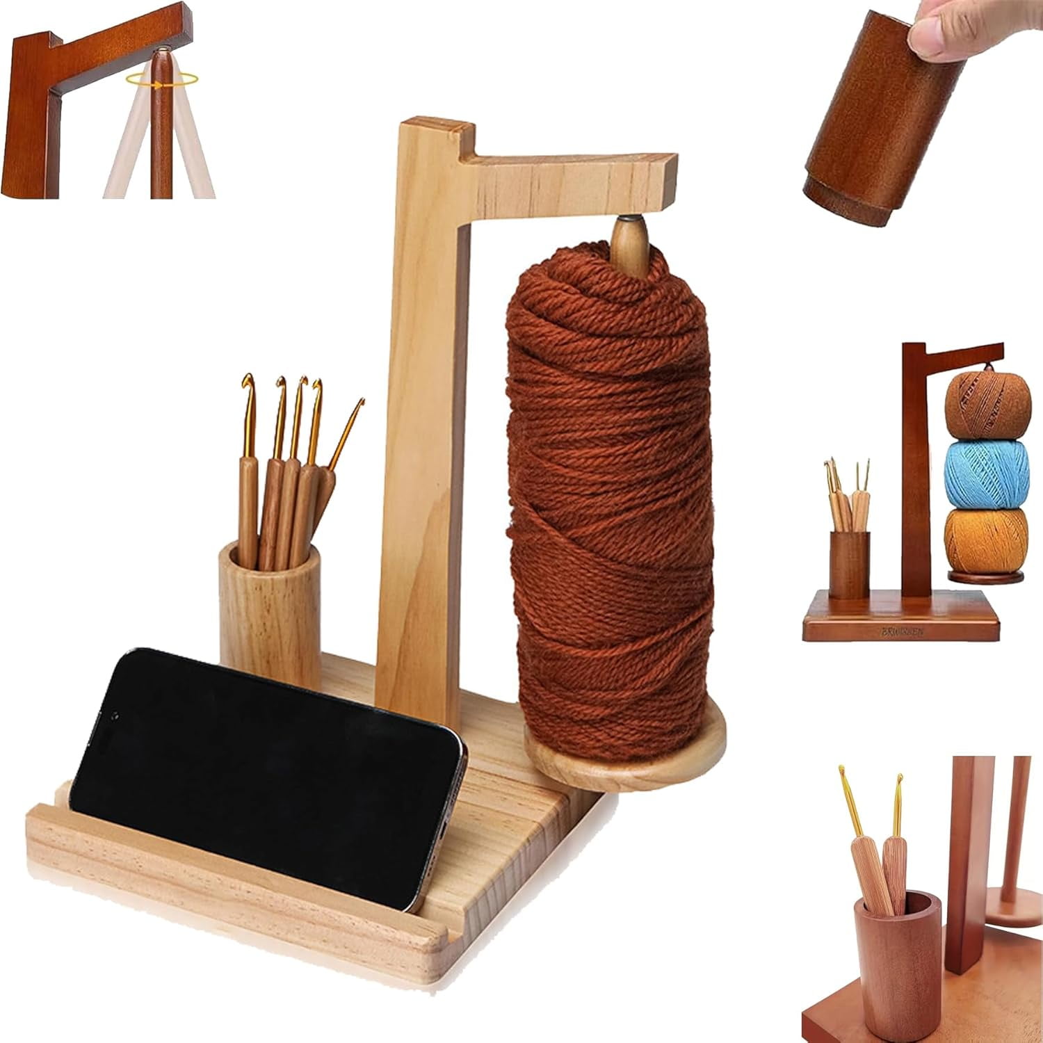 Fakrich Wooden Yarn Holder with Phone Stand, Crochet Hook Storage, 3-in ...