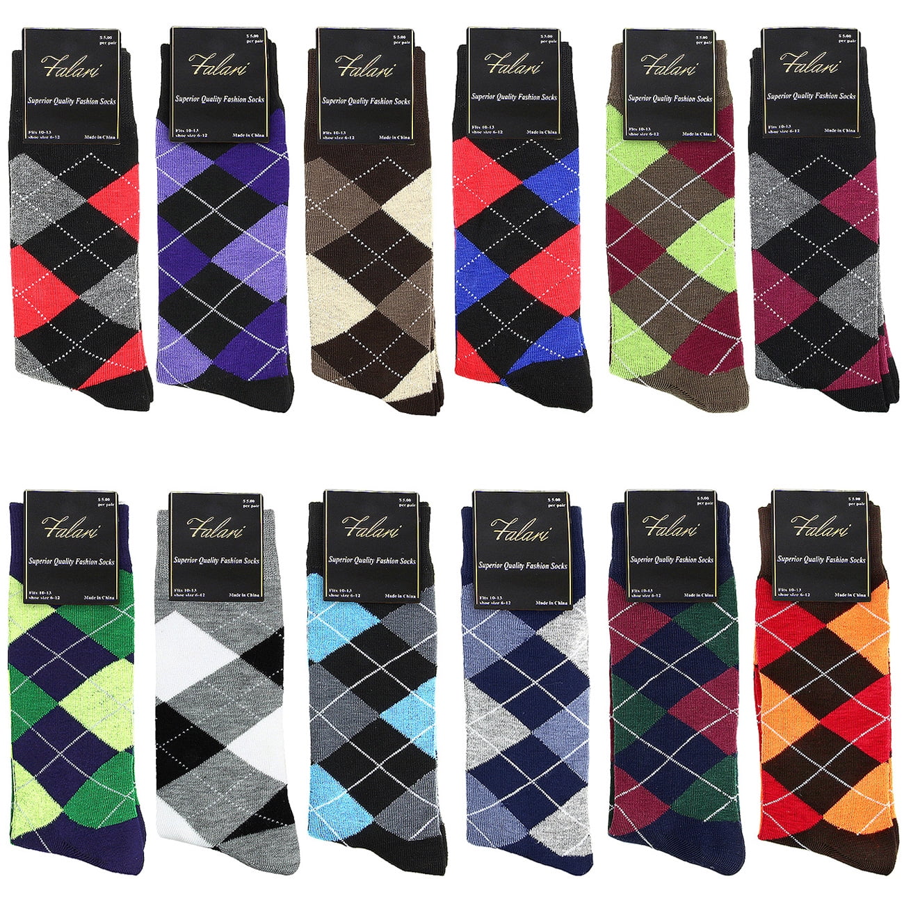 Falari 12-Pack Assorted Men Dress Socks Argyle Shaped Size 10-13 ...