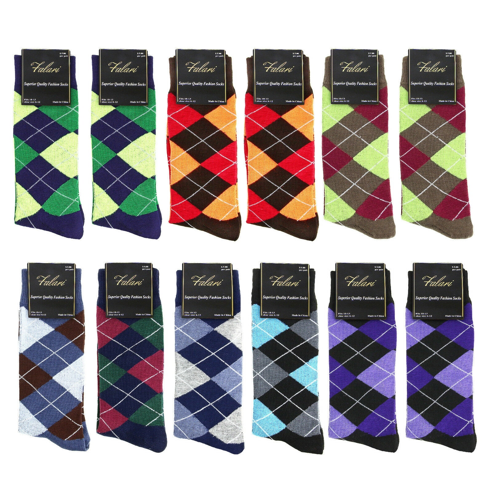 Falari 12 Pairs Assorted Colors Argyle Men Dress Socks Size 10-13 ...