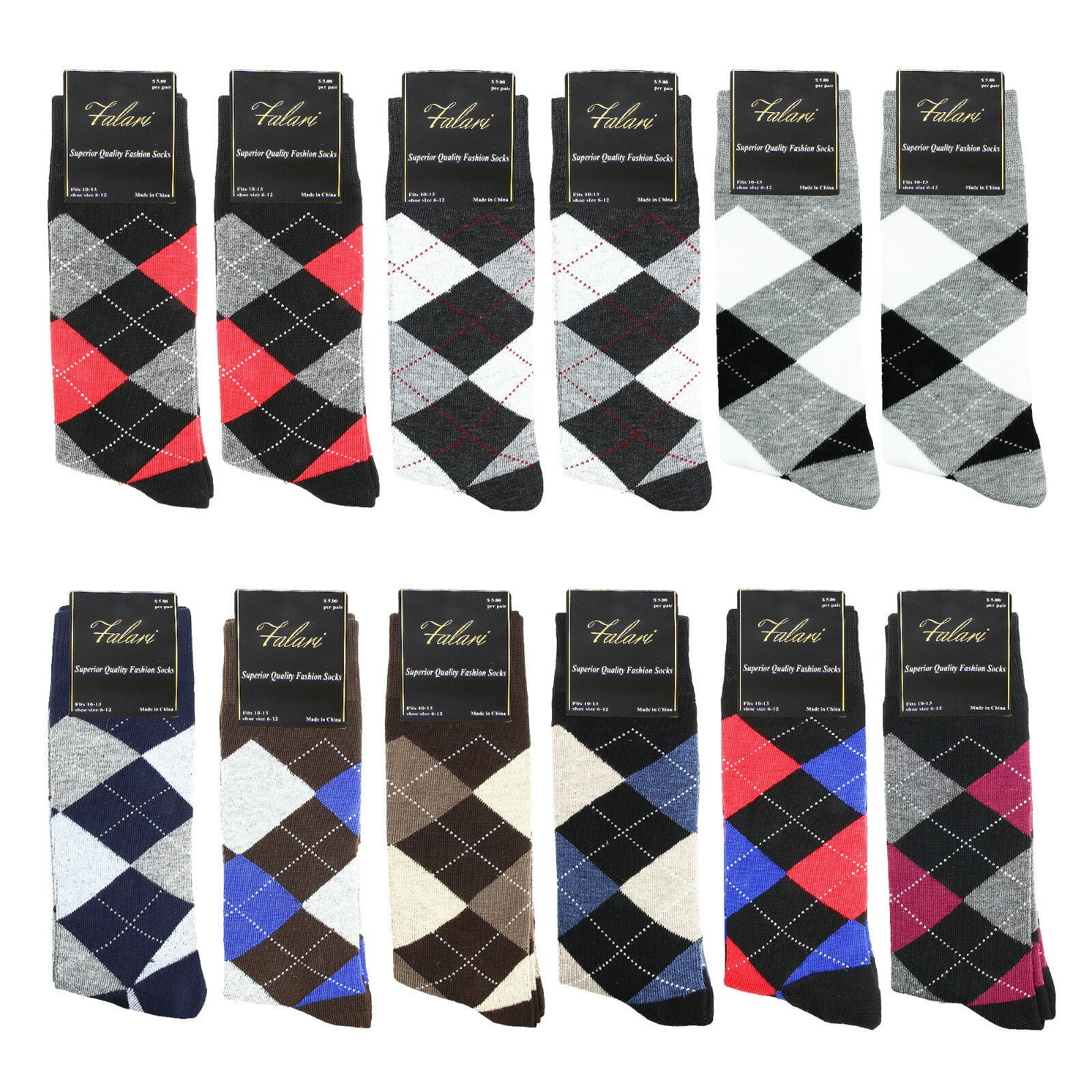Falari 12 Pairs Assorted Men Dress Argyle Socks Diamond Shape Size 10 ...