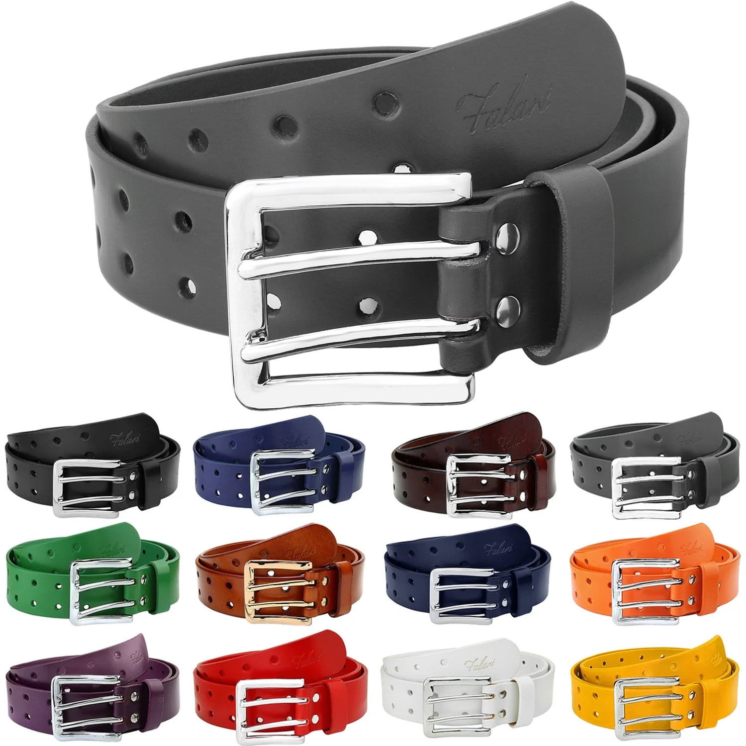 Falari Men's Double Holes Genuine Leather Belt Double Prong Jeans Belt ...