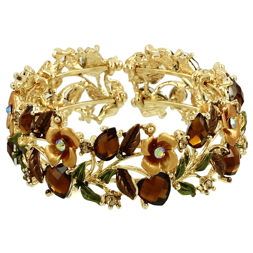 Falari Vintage Flower Bracelet Bangle Crystal Beads Hand-Painted Gold ...