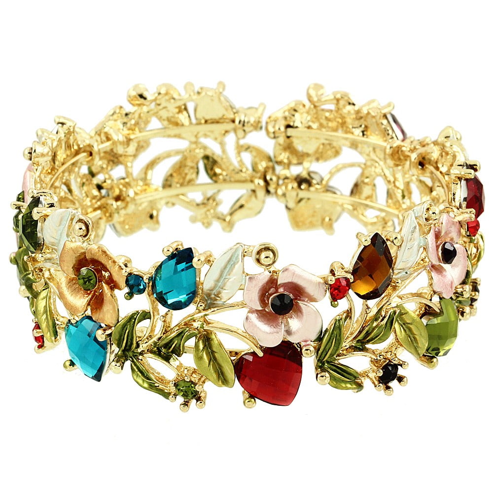 Falari Vintage Flower Bracelet Bangle Crystal Beads Hand-Painted Gold ...