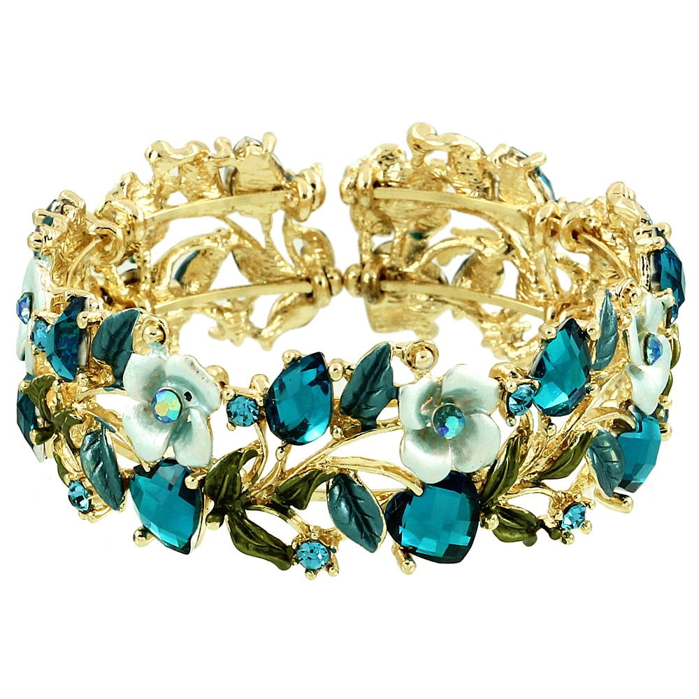 Falari Vintage Flower Bracelet Bangle Crystal Beads Hand-Painted Gold ...