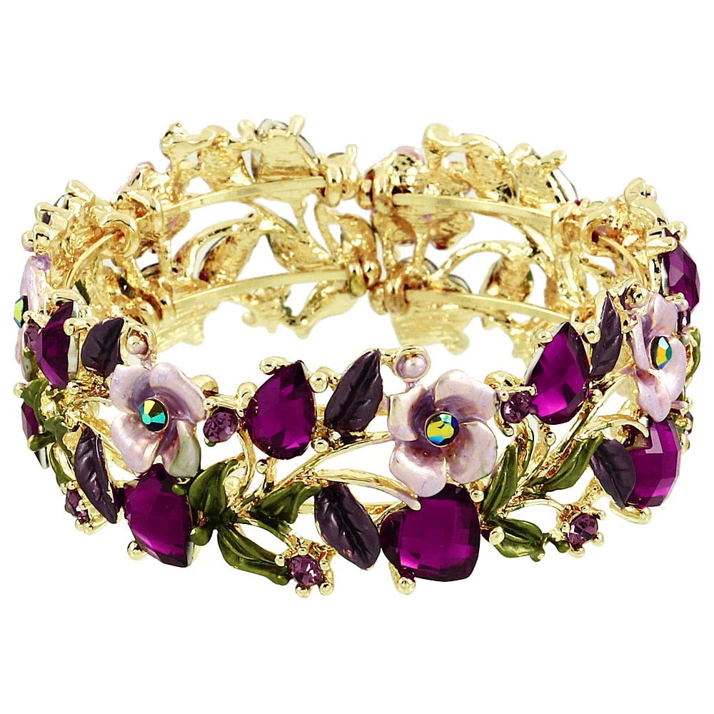 Falari Vintage Flower Bracelet Bangle Crystal Beads Hand-Painted Gold ...