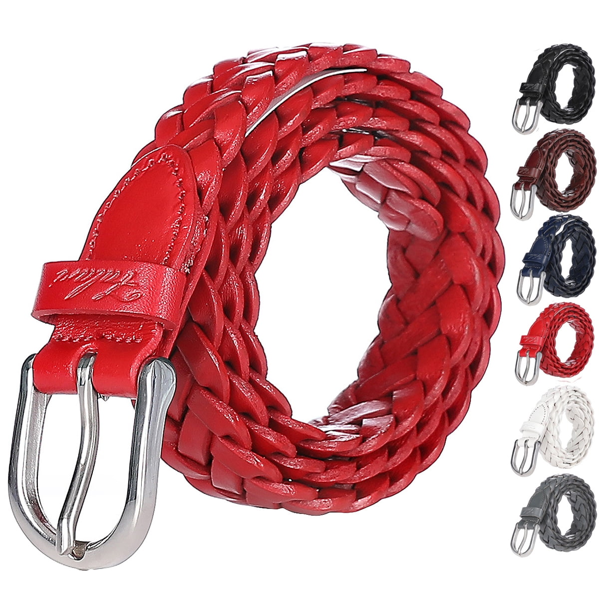 Falari Women's Leather Braided Belt Stainless Steel Buckle 6007 Red ...