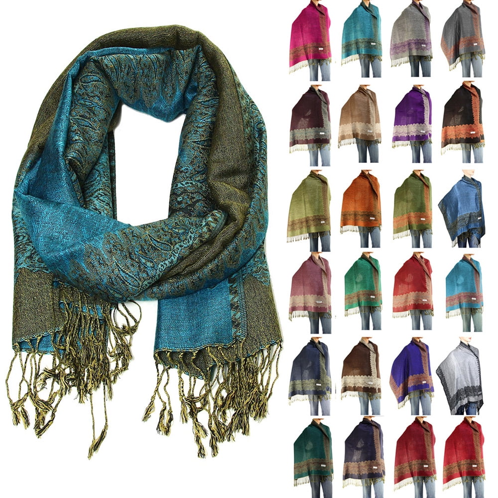 Falari Women's Pashmina Silk Large Double Layered Border Pattern Scarf ...