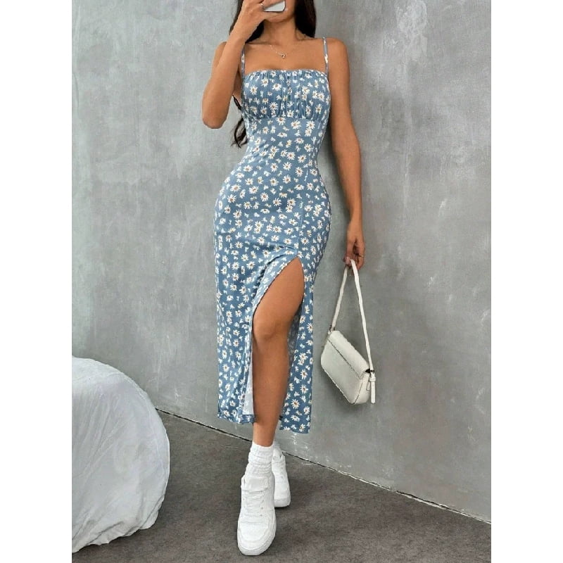 Fall 2025 Long Dress Strapless Wrap Chest High Slit Daisy Leopard Print ...