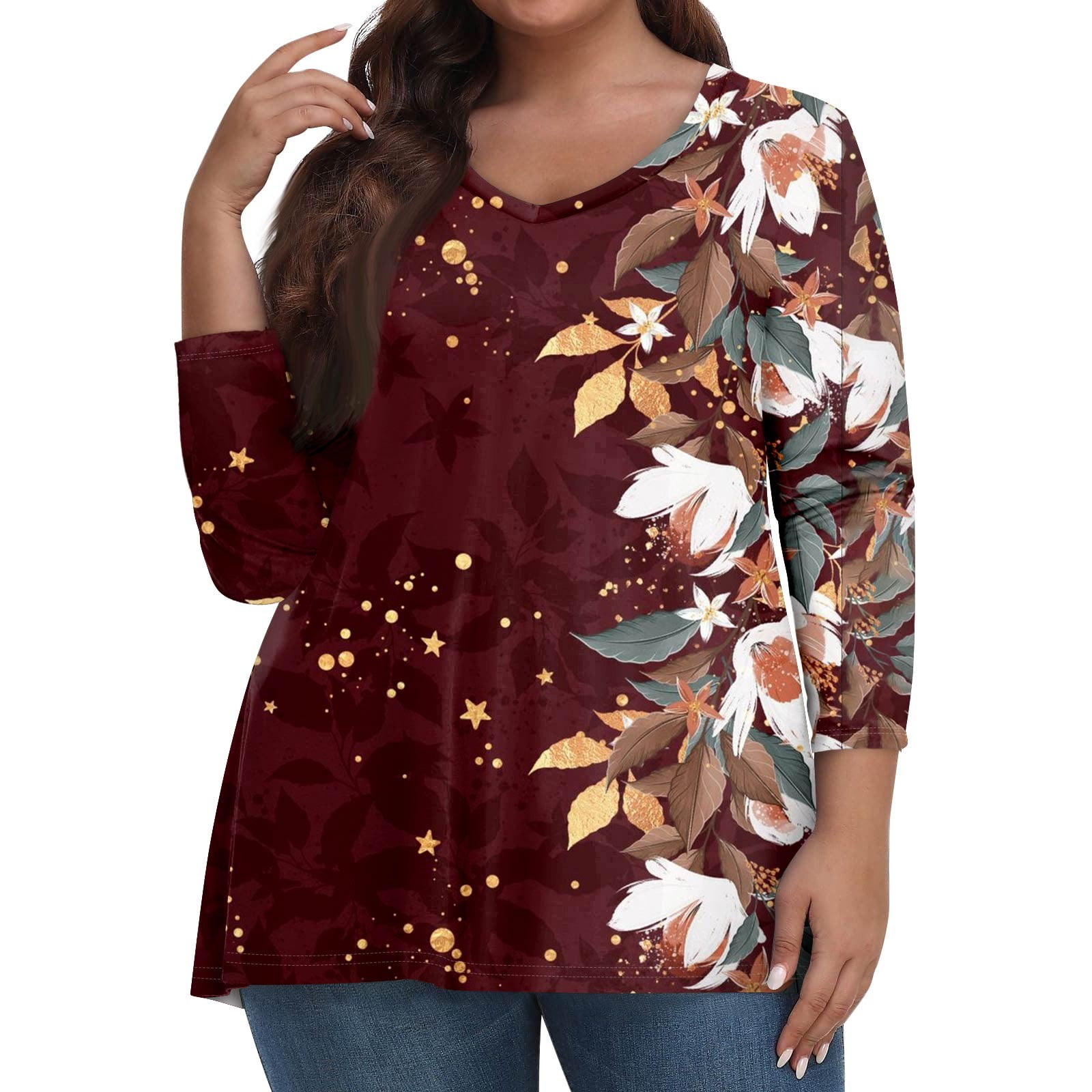 Fall 3/4 Sleeve Tops for Women Plus Size Blouse 3/4 Length Sleeve V ...