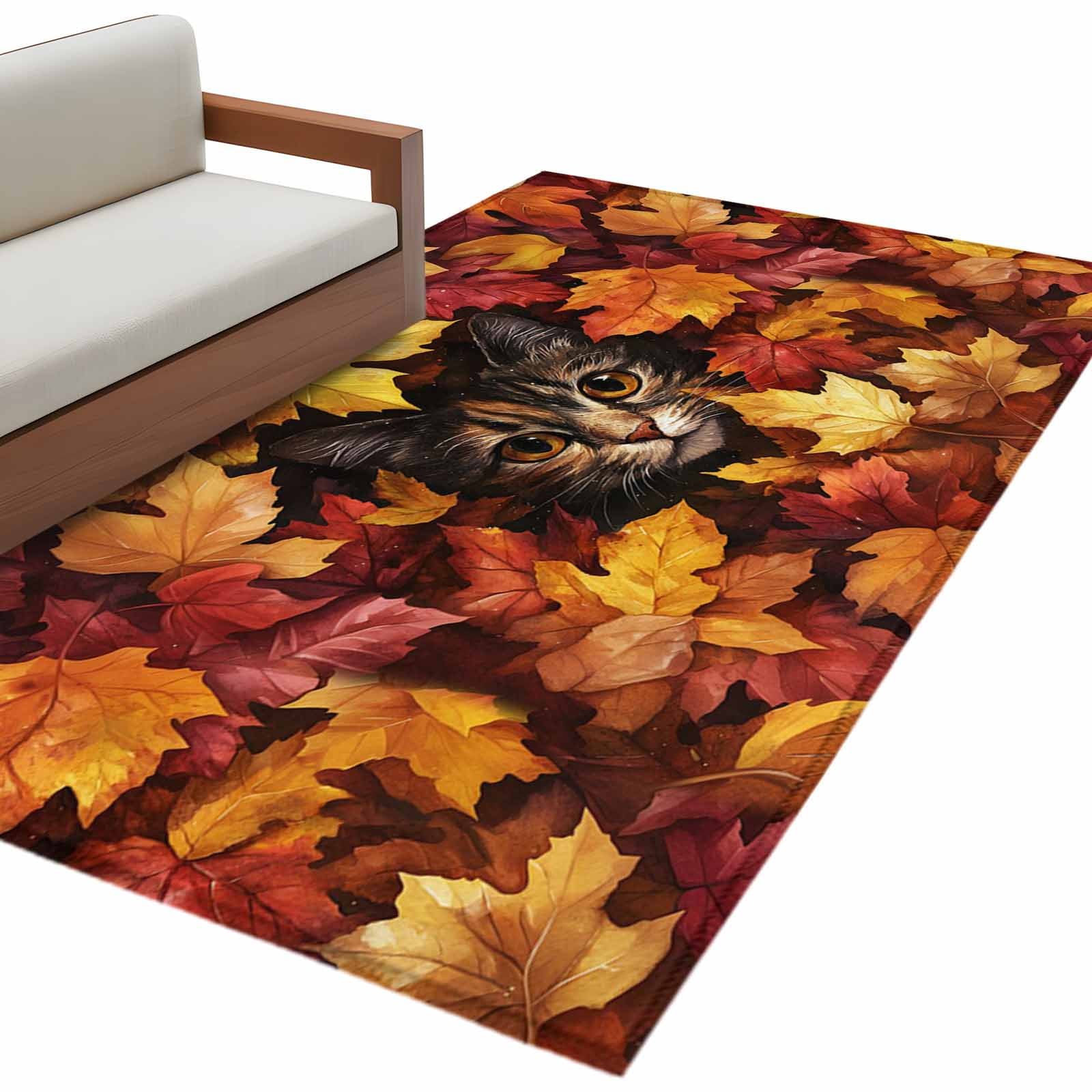 Fall 3'x5' Washable Rug, Thanksgiving Rustic Cat Orange Red Maple Leaf ...