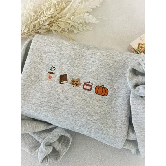 Fall Aesthetic Embroideried Sweatshirt | Pumpkin Coffee Candle Leaf ...