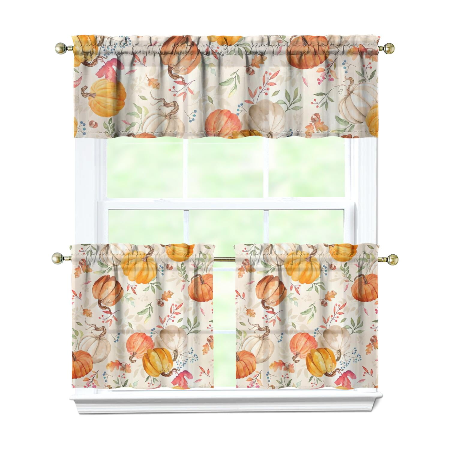 Fall Aesthetic Print Kitchen Curtains Set of 3 - Pumpkin Thanksgiving ...