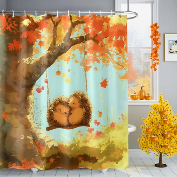Fall Autumn Shower Curtains for Bathroom, Cute Hedgehog Love Maple Tree ...