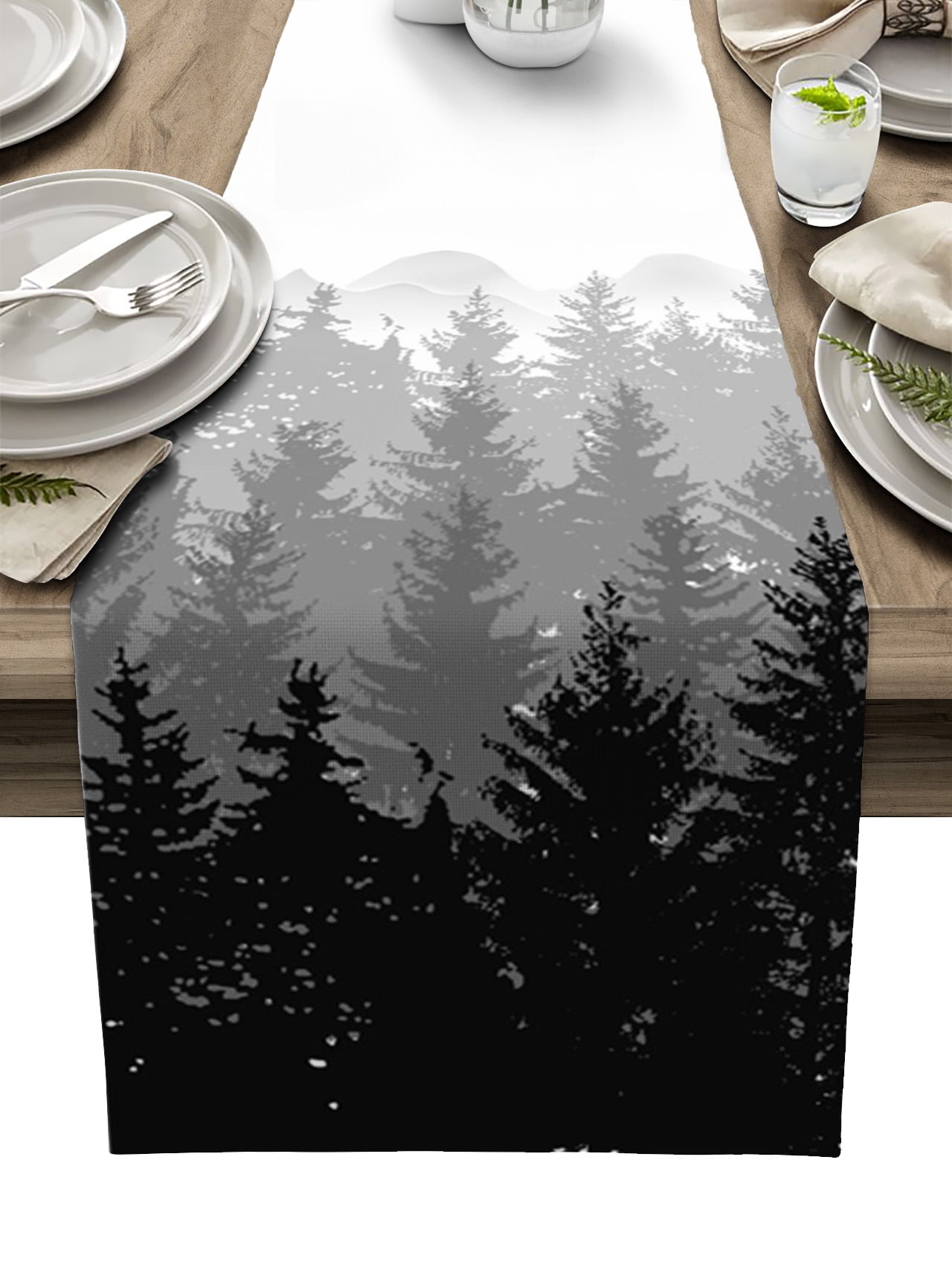 Fall Autumn Tree, Table Runner Forest Grey Black Wood-land Mountain ...