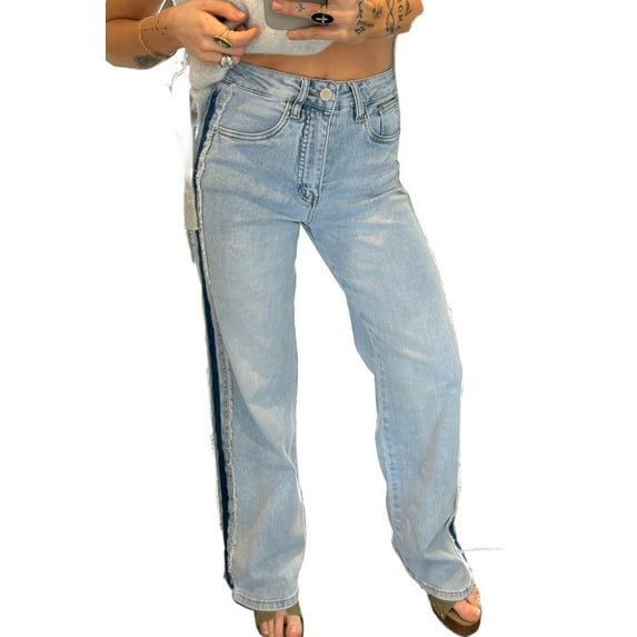 Fall Autumn Wide Leg Denim Jeans for Women – Contrast Stripe Patchwork ...