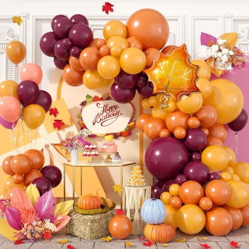 Fall Balloon Arch Kit,Burnt Orange Burgundy Yellow Maple Leaves Pine ...