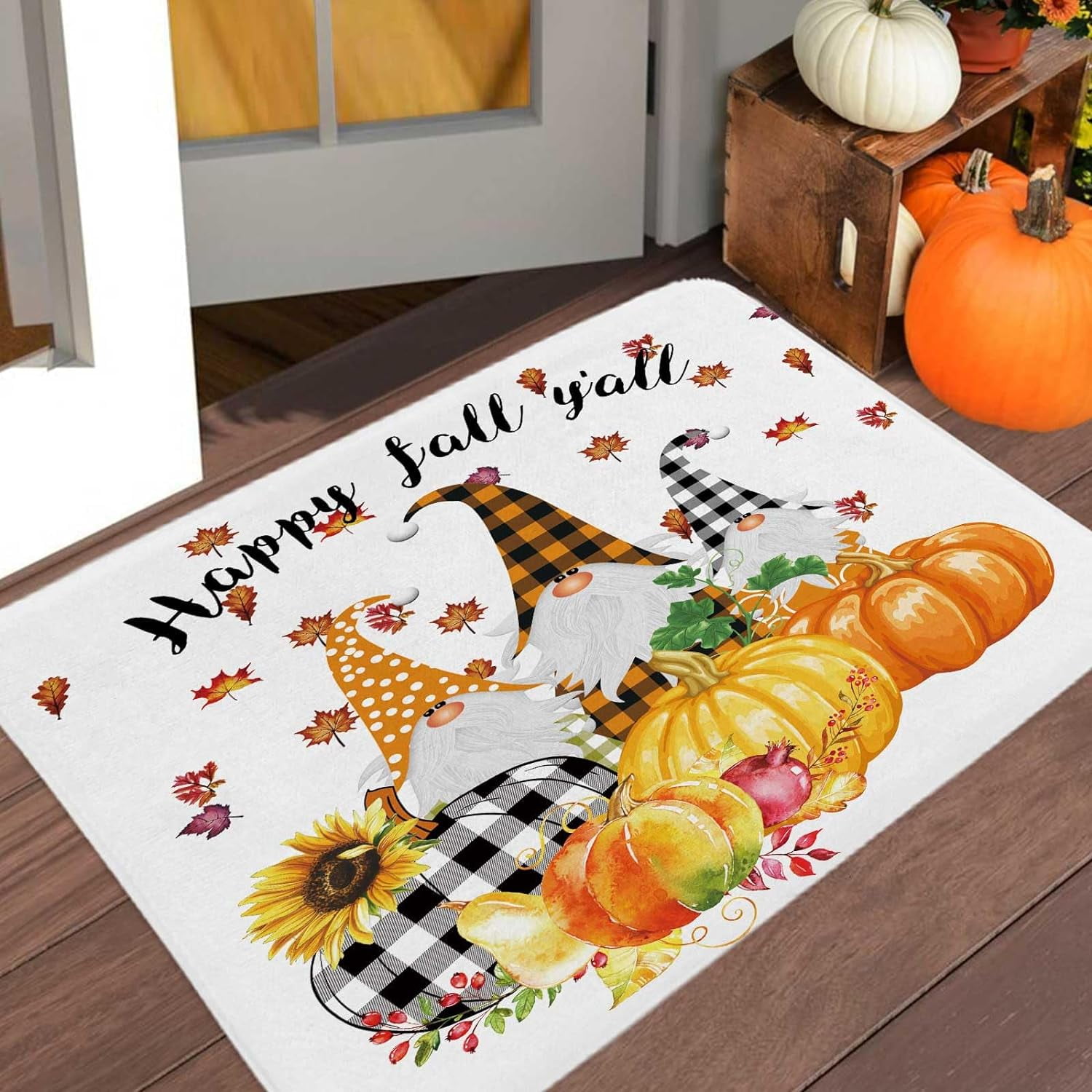 Fall Bath Mat for Bathroom, Autumn Sunflower Pumpkin Gnome Design ...