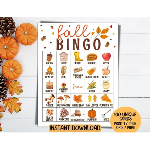 Fall Bingo 100 Cards, Fall Party Games Activity, Autumn Bingo Printable ...
