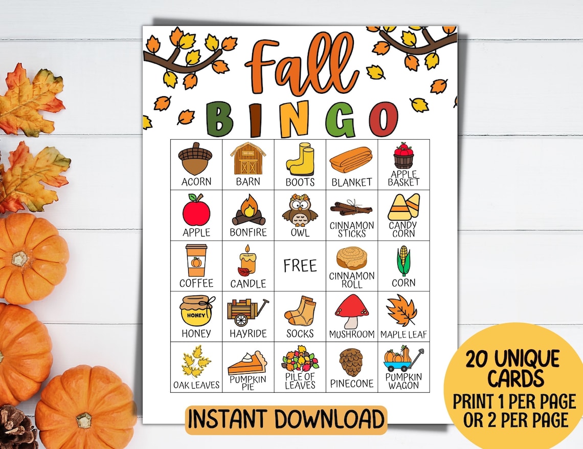 Fall Bingo, 20 Autumn Bingo Cards, Fall Party Games, Family Bingo ...