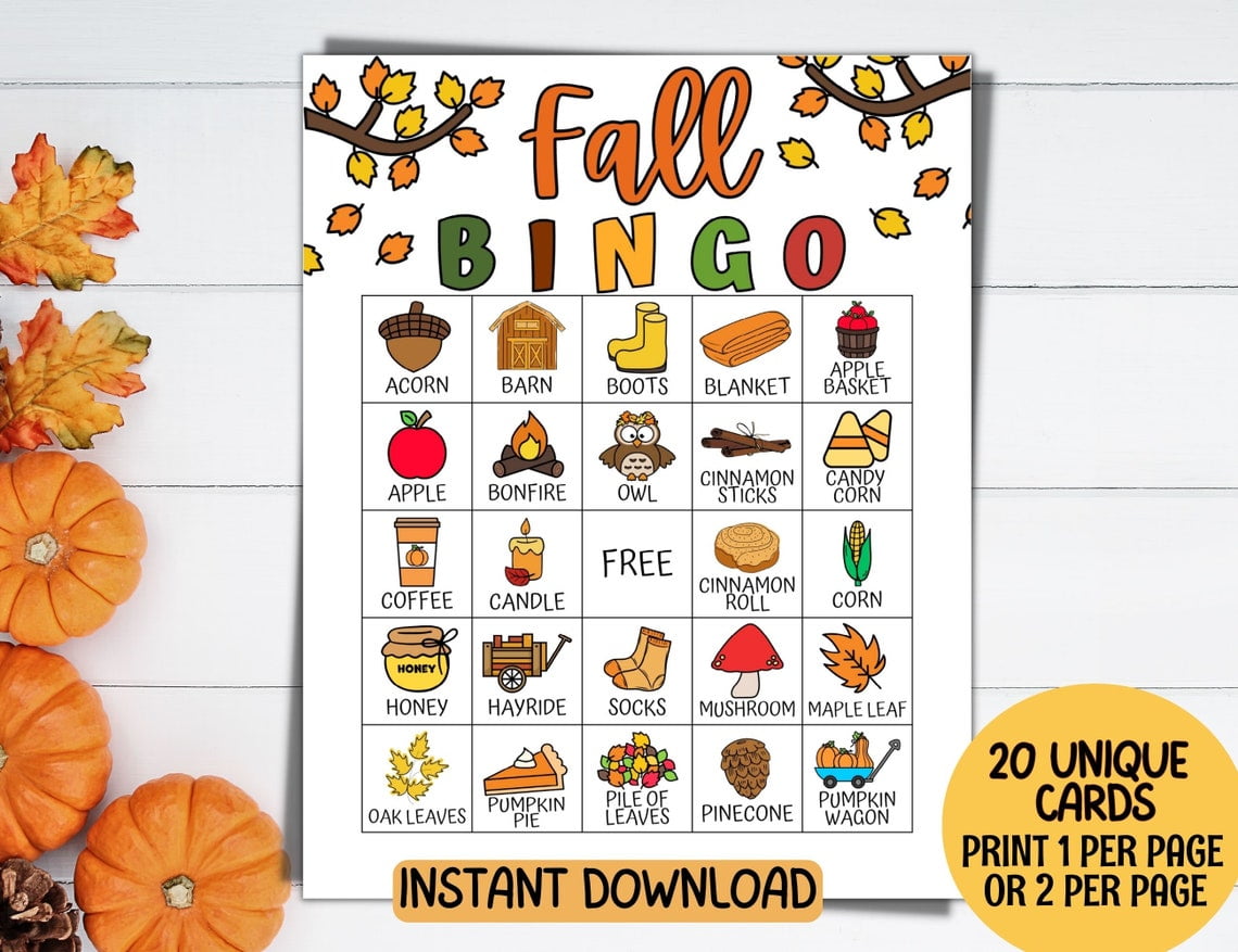 Fall Bingo, 20 Autumn Bingo Cards, Printable Fall Party Games, Family ...