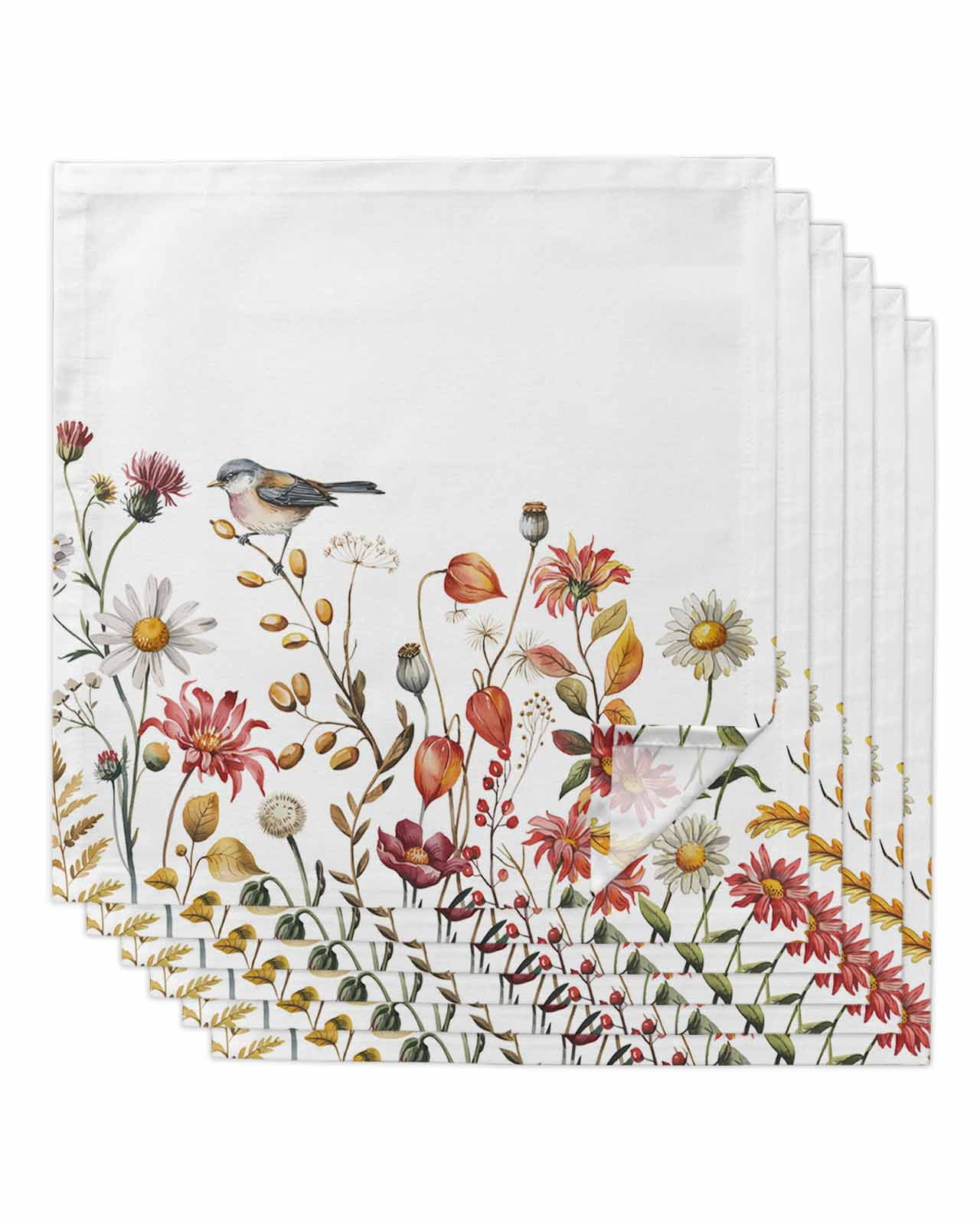 Fall Bird Flower Cloth Napkins Set of 6 Reusable Dinner Napkins ...