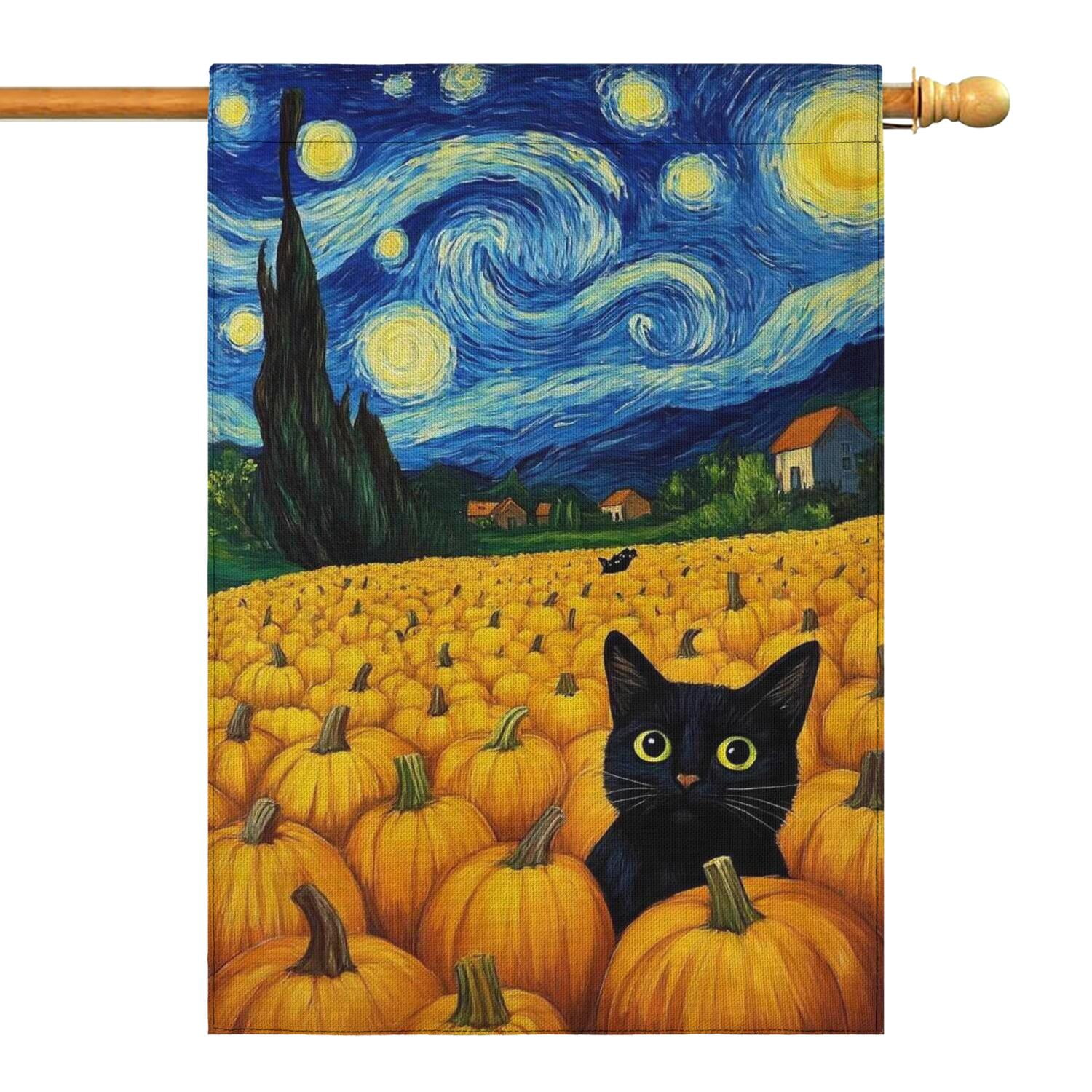 Fall Black Cat in Pumpkin Patch Starry Night Fall Garden Flags 28"x40 ...