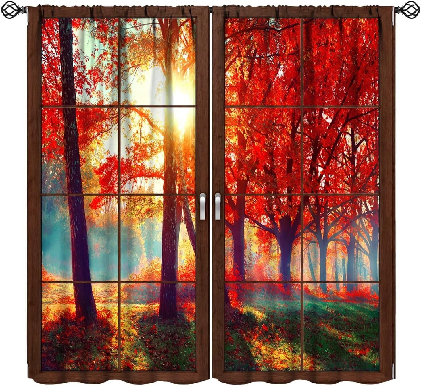 Fall Blackout Curtains Rustic Autumn Forest Tree Red Maple Leaves ...