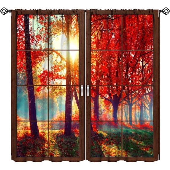 Fall Blackout Curtains Rustic Autumn Forest Tree Red Maple Leaves ...