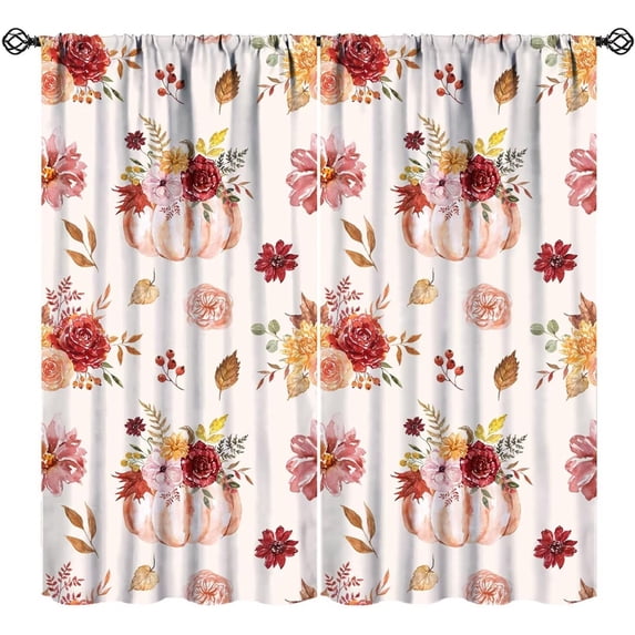 Fall Blackout Curtains Watercolor Pumpkin Thanksgiving Maple Leaf ...