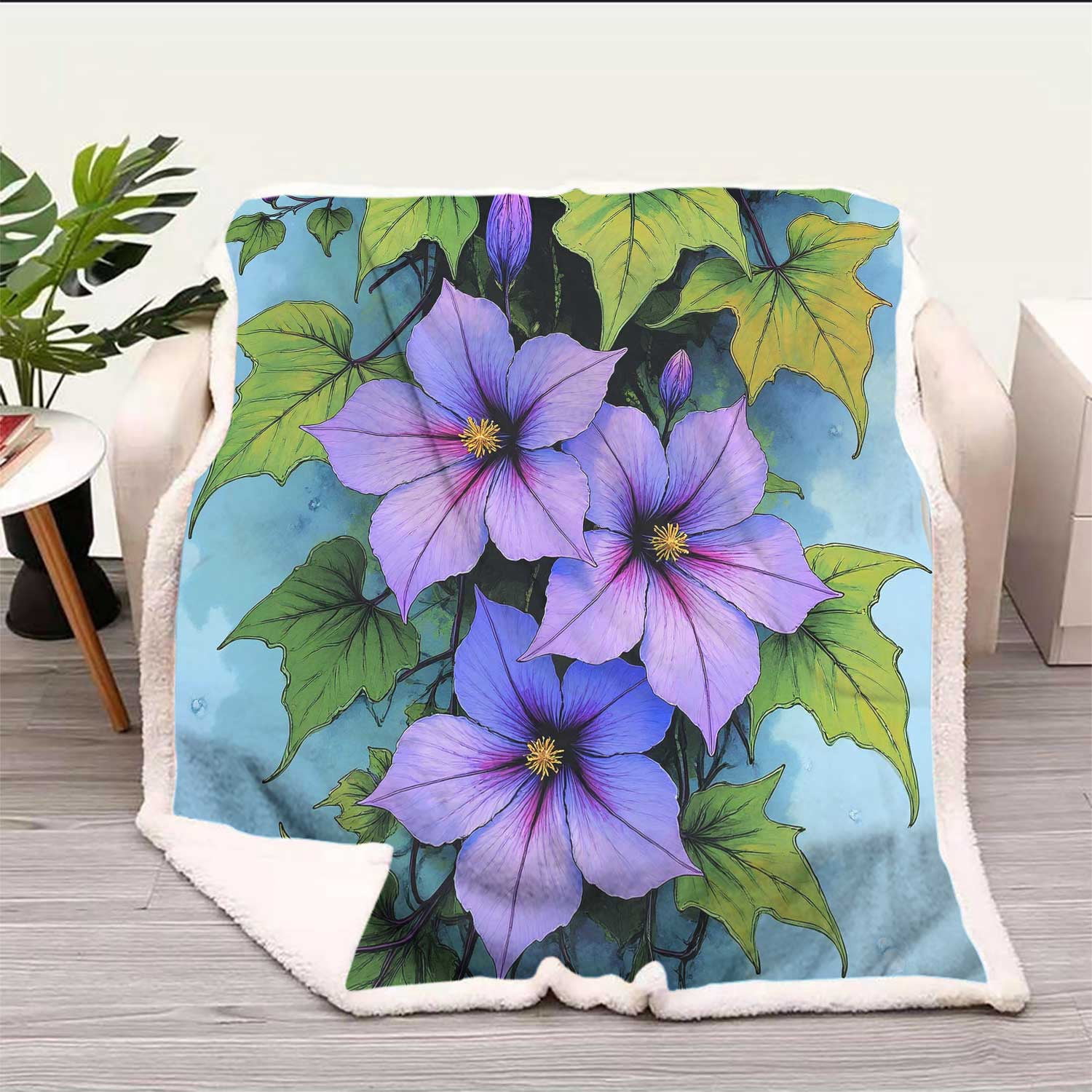 Fall Blankets And Throws Purple Flowers Sky Blue Bed Blanket Soft ...