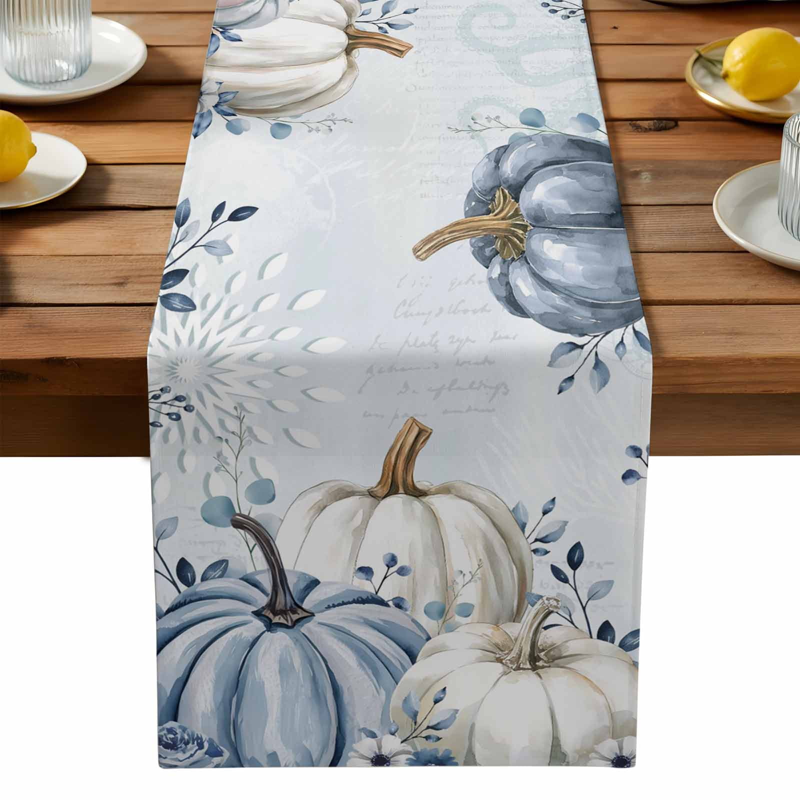 Fall Blue Grey Pumpkins Cotton Linen Table Runner for Dining Kitchen ...
