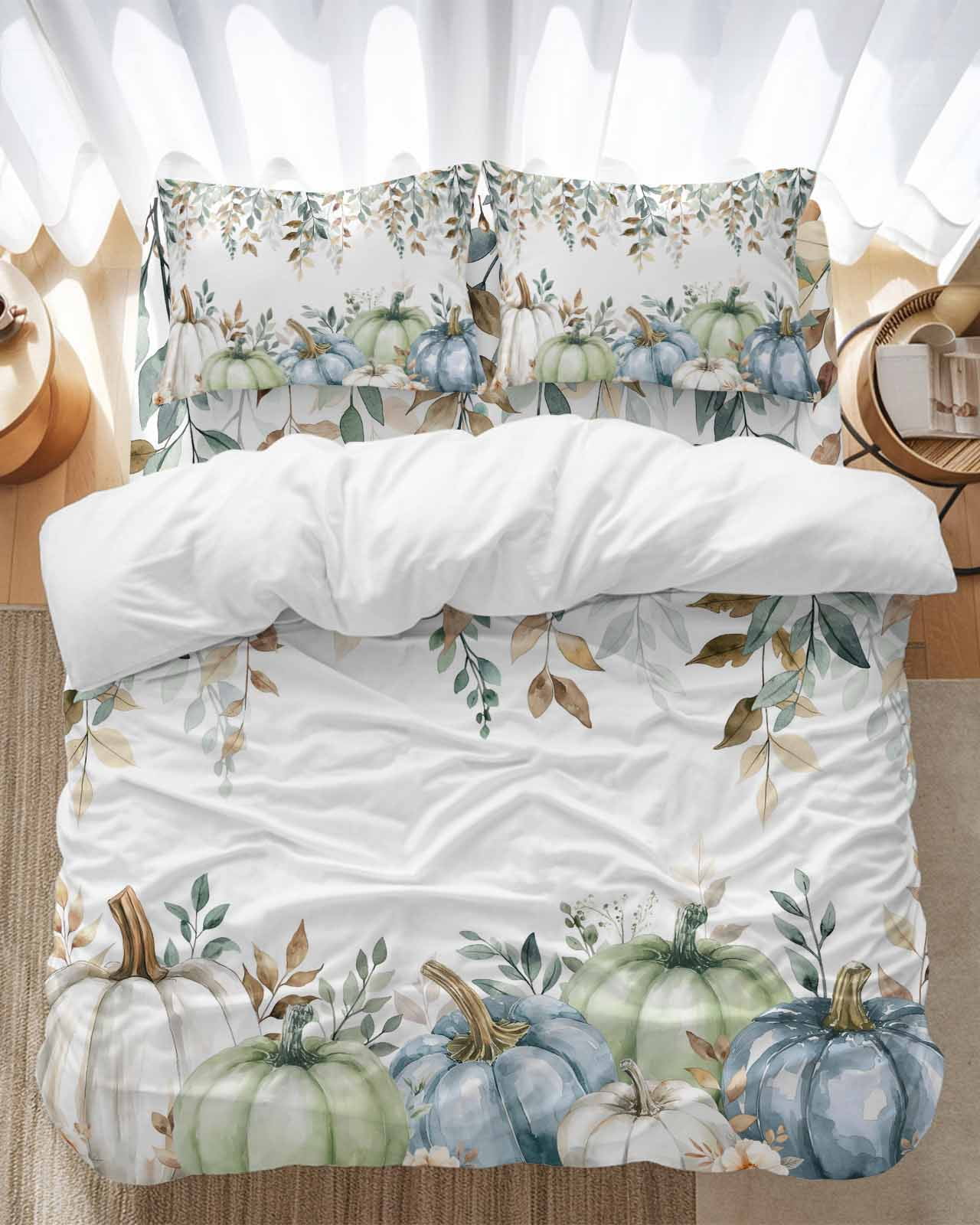 Fall Blue Pumpkin Bedding Duvet Cover Set Queen Size 4 Pieces Green ...