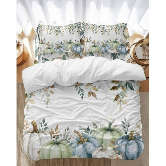 Fall Blue Pumpkin Bedding Duvet Cover Set Queen Size 4 Pieces Green ...