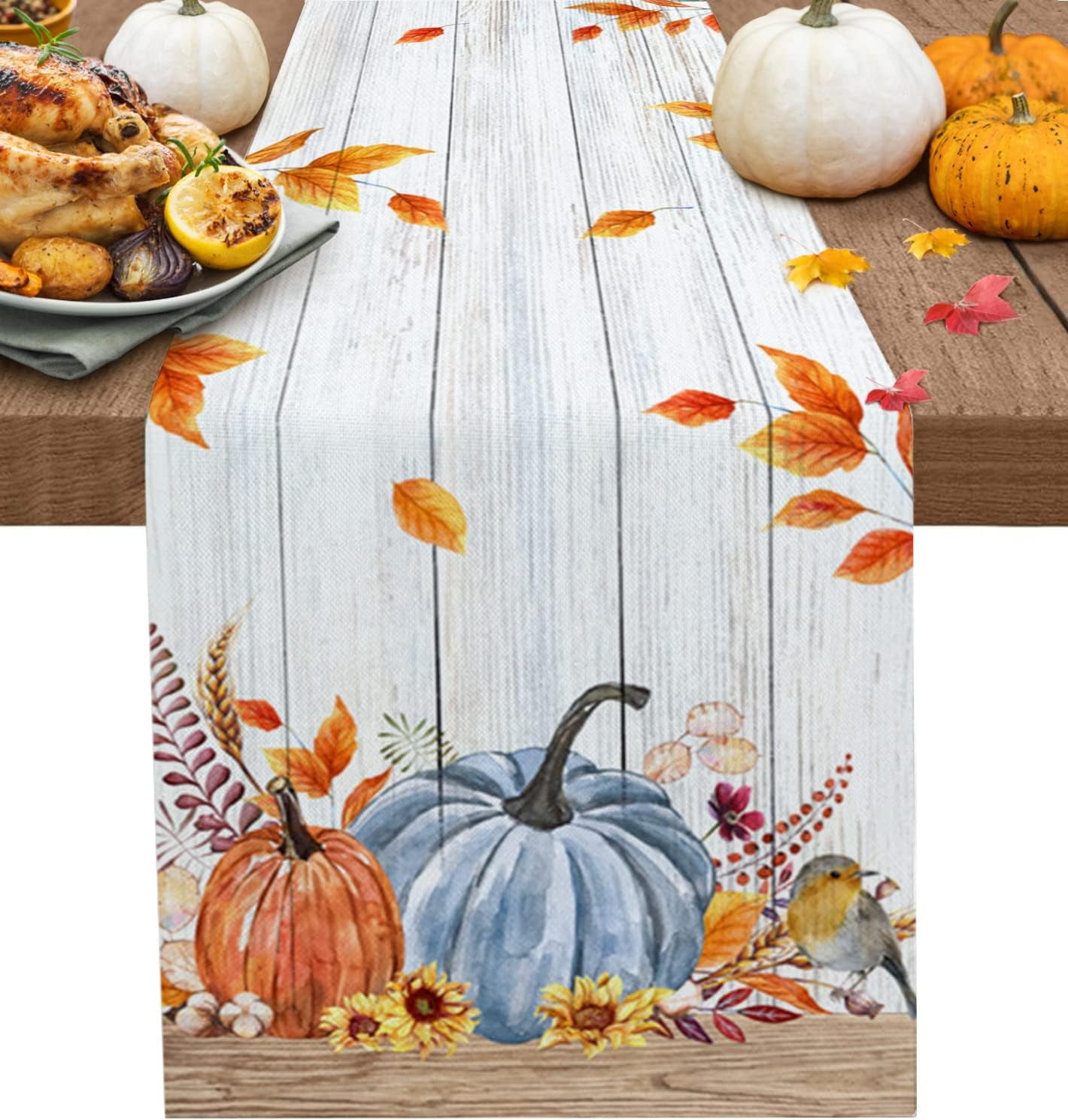 Fall Blue Pumpkin Bird Maple Leaves Rustic Wood Grain Table Runner ...
